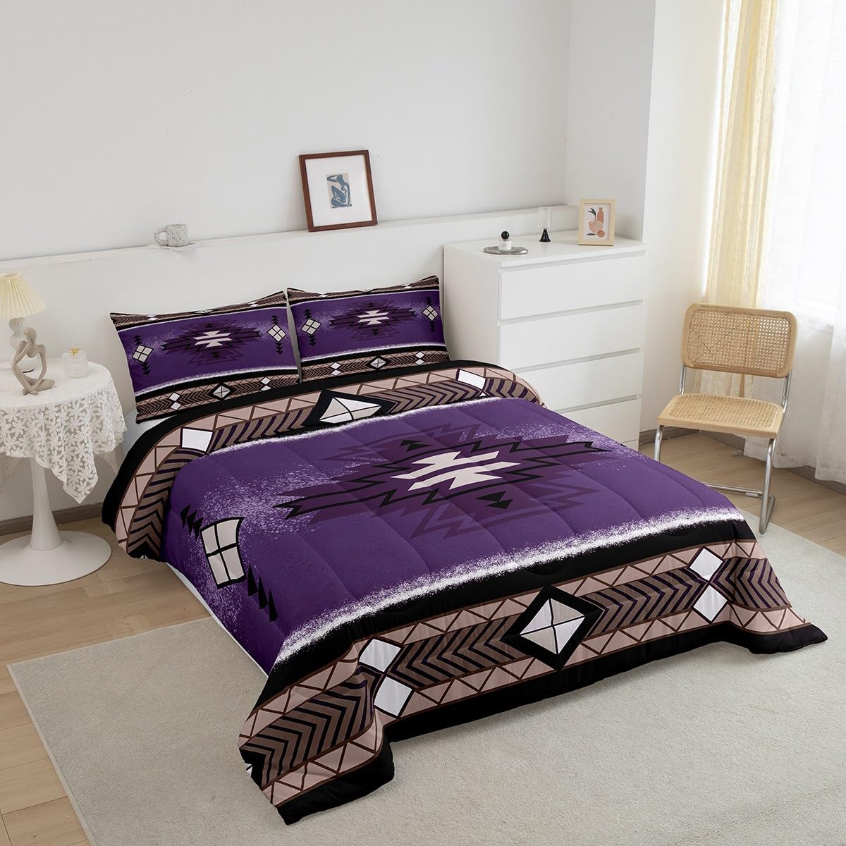 Manfei Aztec Comforter Set King Size, Native Tribal Navajo American Bedding Set 3pcs for Kids Boys Room Decor, Boho Abstract Geometric Quilt Set Soft Polyester Duvet Set with 2 Pillowcases