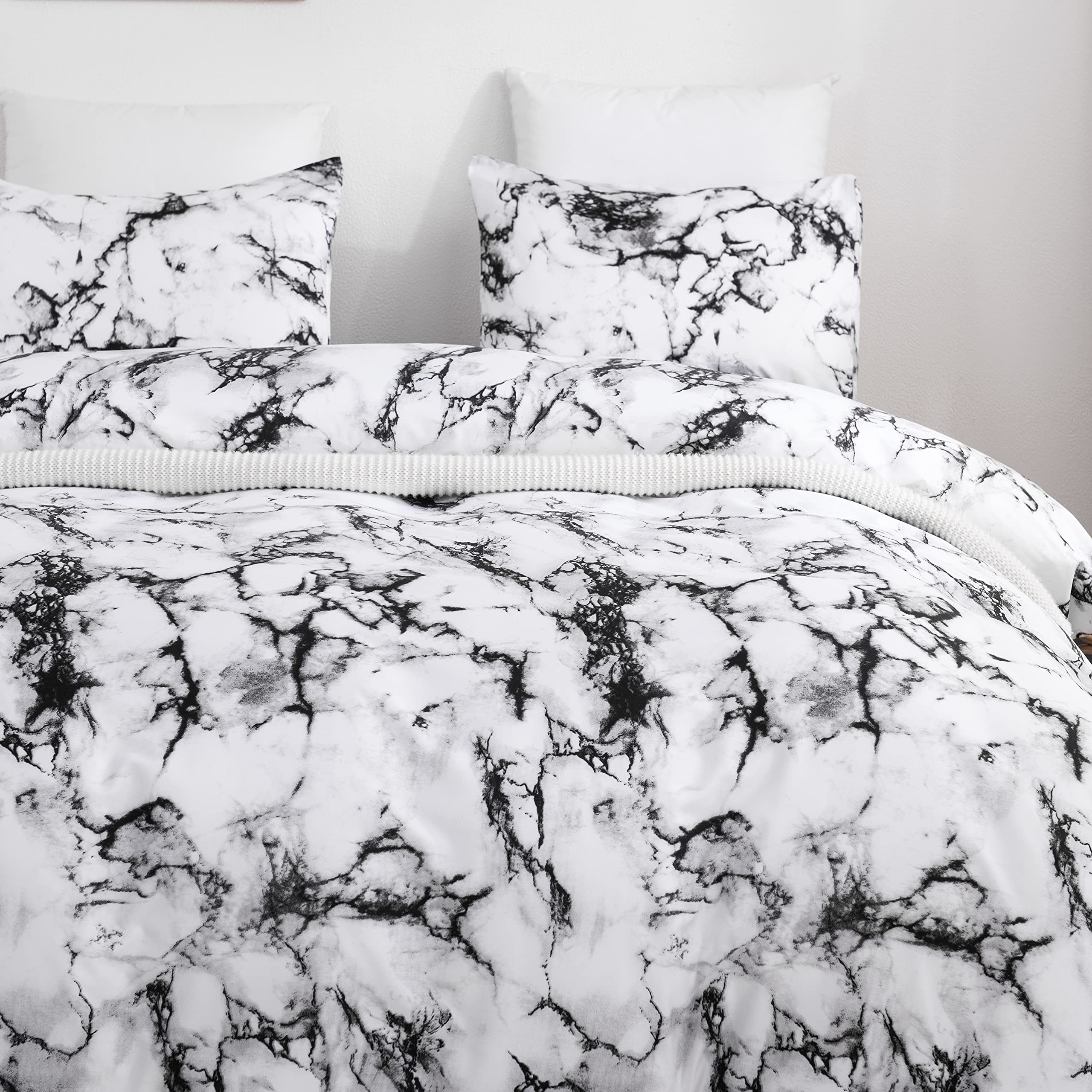 YERVEN White Marble Duvet Cover Twin Comforter Cover Set 68"X90" Duvet Cover with 1 Pillowsham 2 Pieces Microfiber Soft Lightweight Breathable Hotel Black Bedding Set(White, Twin)
