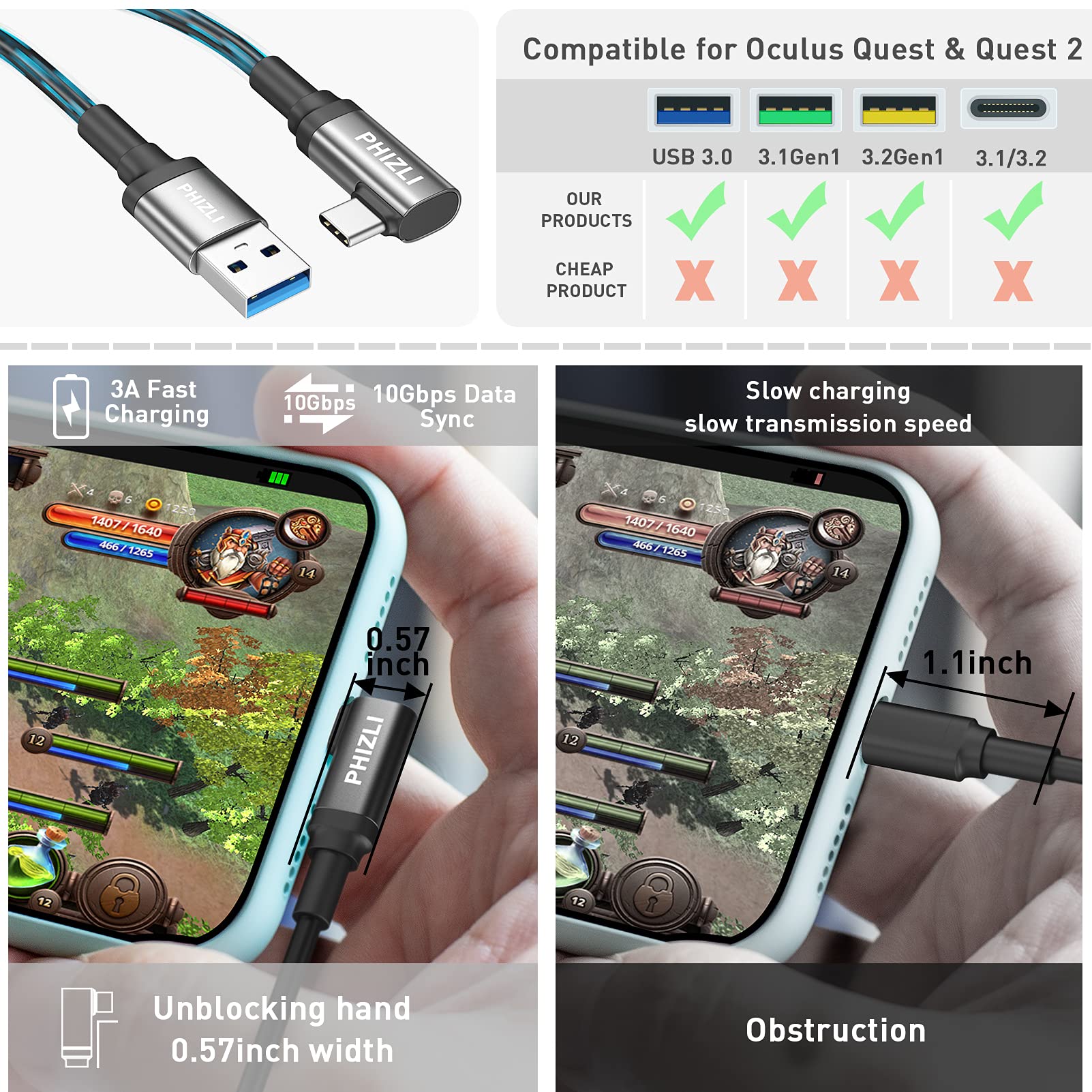 Link Cable 10ft Compatible for Oculus Quest 2,VR Headset Cable, High Speed Data Transfer & Fast Charging USB C 3.2 Gen1 Cord for VR Headset Game Accessories Black