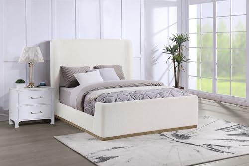 Coaster Home Furnishings Nala Contemporary Boucle Upholstered Eastern King Size Sleigh Bed Frame Platform Bed 57-inch Headboard Cream 302046KE