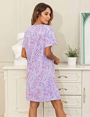 ENJOYNIGHT Sleepwear Women's Nightgown Printed Sleep Shirt Short Sleeve Sleep Tee Cotton Nightshirt (Purple,1X-2X)