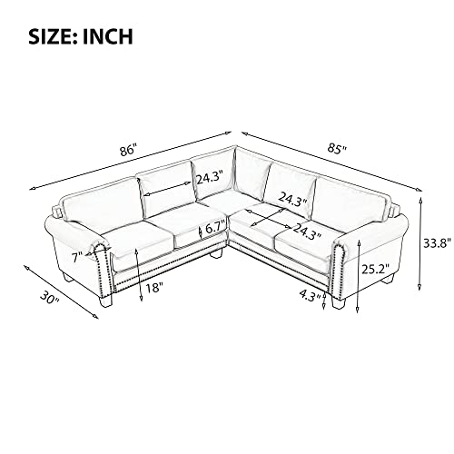 DHHU Mid-Century Sectional Corner Sofa L-Shape Scroll Arms & Rivet Ornament for Large Space Dorm, Living Room Apartment Office Furniture, Brown Couch