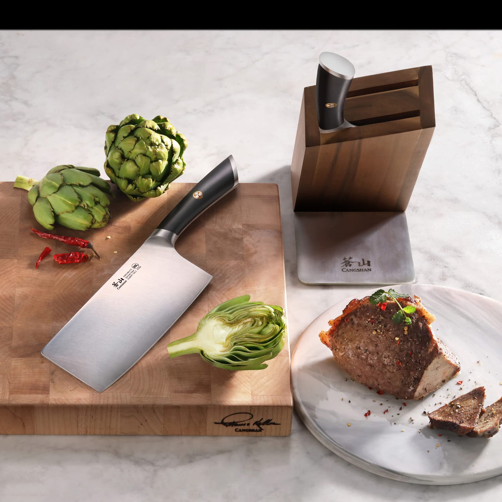 Cangshan ELBERT Series German Steel Forged Cleaver Knife Block Sets, Acacia (3-Piece, Black)