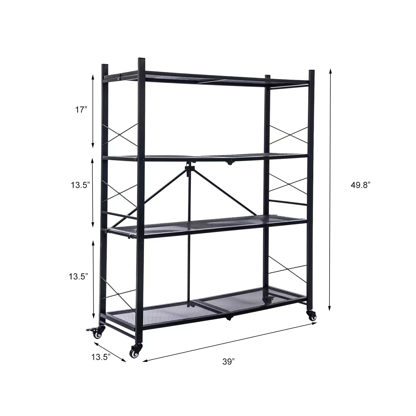 Grezone Foldable Shelves 4 Tier Storage Shelving Unit with Wheels No Assembly Heavy Duty Metal Shelf Rack for Garage Kitchen Hold up to 1000 lbs