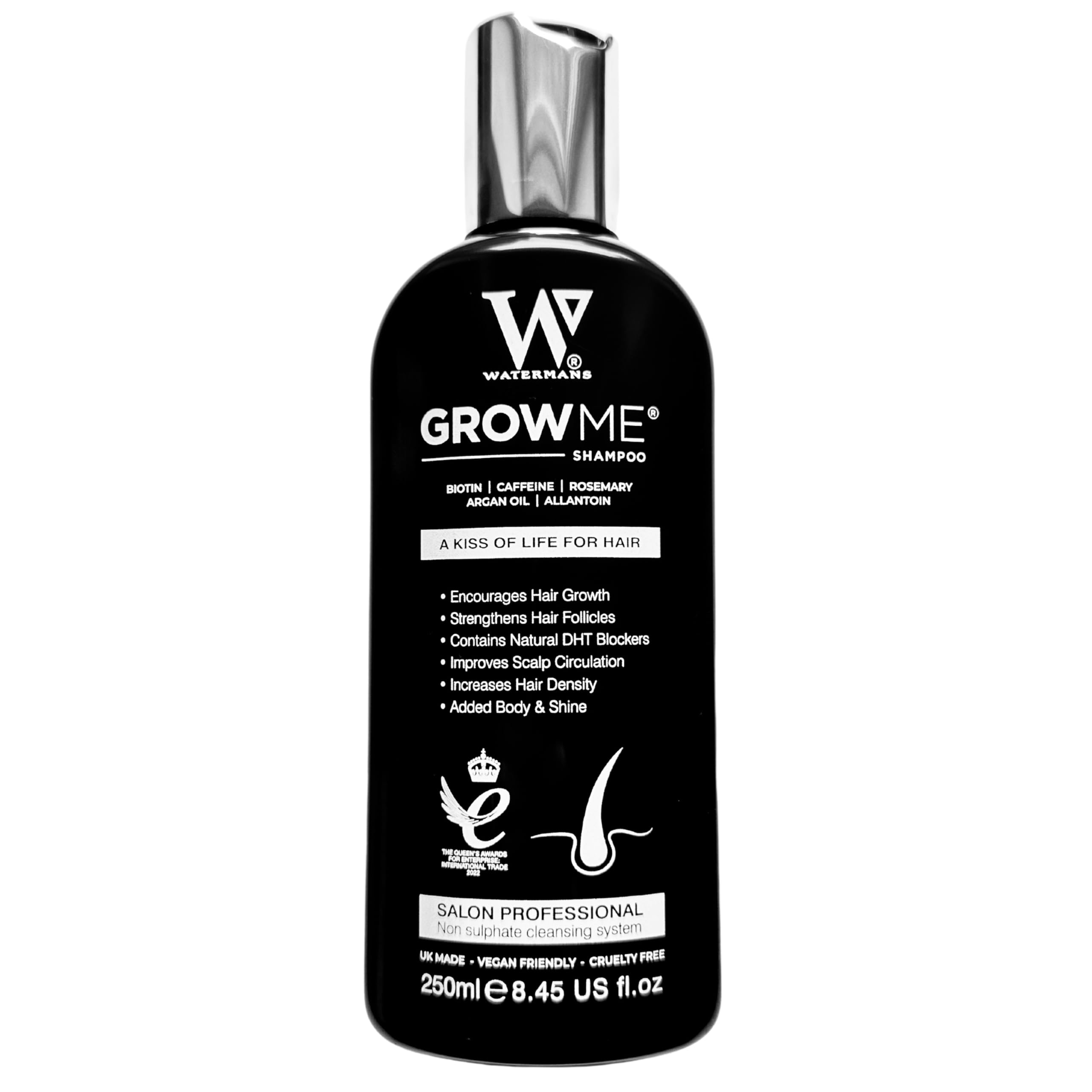 Watermans Grow Me® Hair Growth Shampoo, Caffeine, Biotin, Argan Oil, Rosemary Oil. Anti-Thinning Shampoo, Improves Hair Volume, DHT Blocking for Hair loss in Women & Men. 8.45 fl. oz