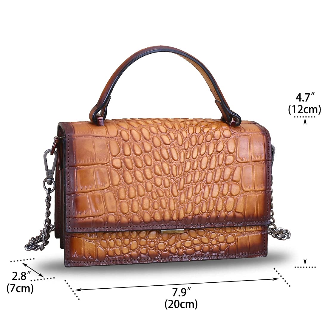 Genuine Leather Handbags for Women Retro Handmade Small Satchel Purse Luxury Top Handle Real Leather Embossed Design Crossbody Bag (Brown)
