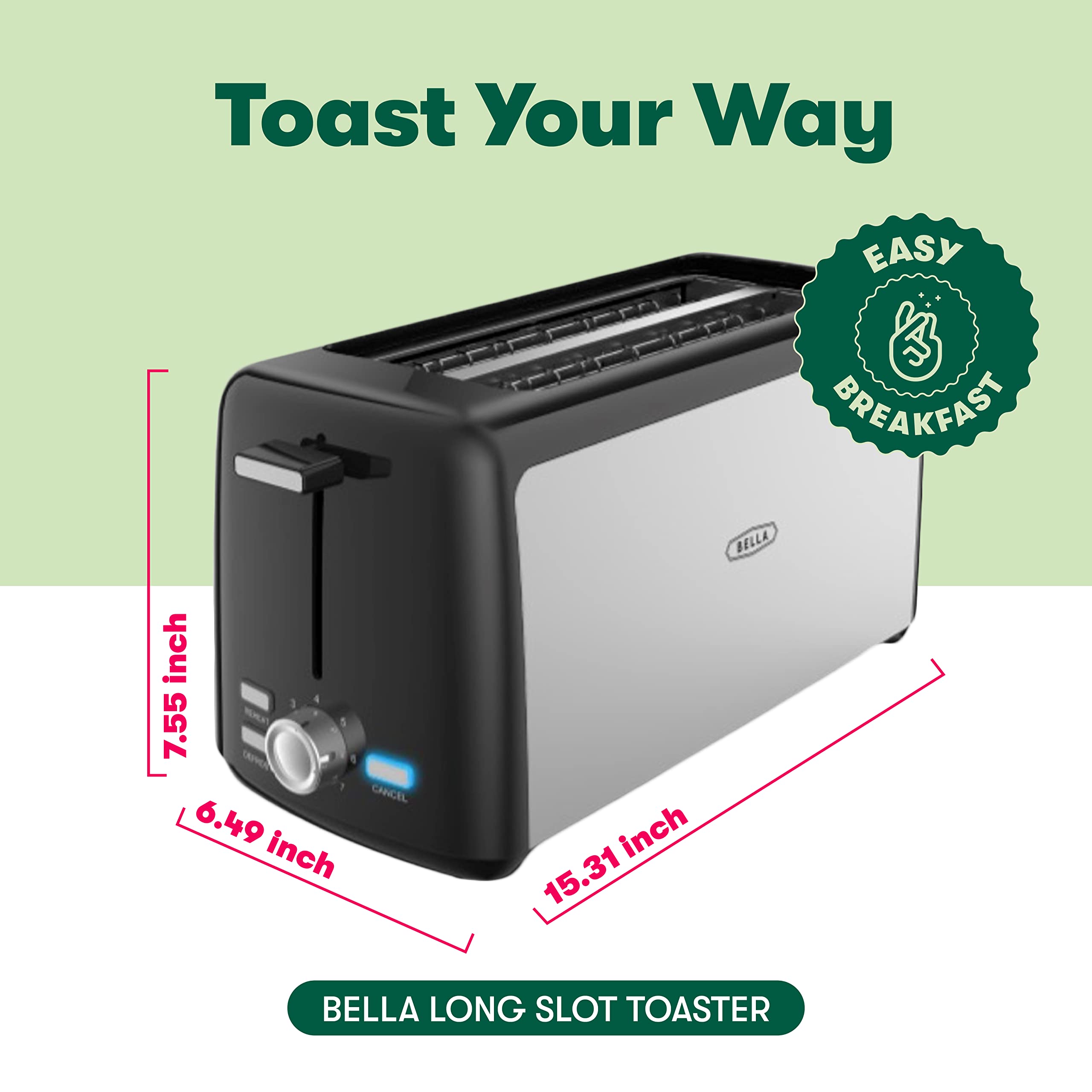 BELLA 4 Slice Toaster, Long Slot & Removable Crumb Tray, 7 Shading Options with Auto Shut Off, Cancel & Reheat Button, Toast Bread & Bagel, Stainless Steel & Black