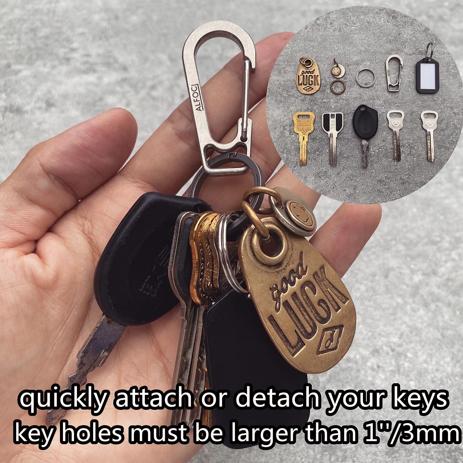 ALFOCI Titanium Quick Release Side Pushing KeyRings 2-Pack Kit, Labor Saving and doesn't use Fingernails, Titanium alloy primary color