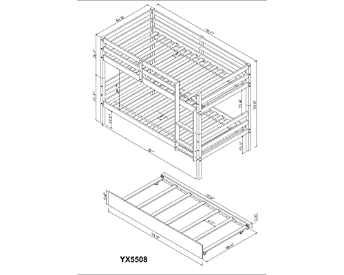 EMKK Twin Over Twin Bunkbed with Trundle,Detachable Bunk Bed with Trundle, Pine Wood Sturdy Frame, Ideal for Kids'Room Guest Bedroom,Gray