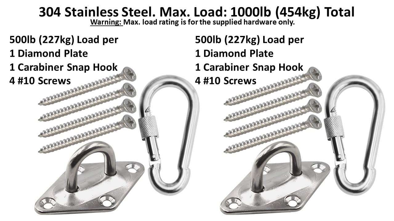 Branded Boards Heavy Duty Black or Silver 1000lb Load Hammock Hanging Kits with Locking Carabiner Snap Hooks, for Trees, Ceilings, Walls, Porches, Posts (Diamond-Plate-Hammock-Kit-Silver)