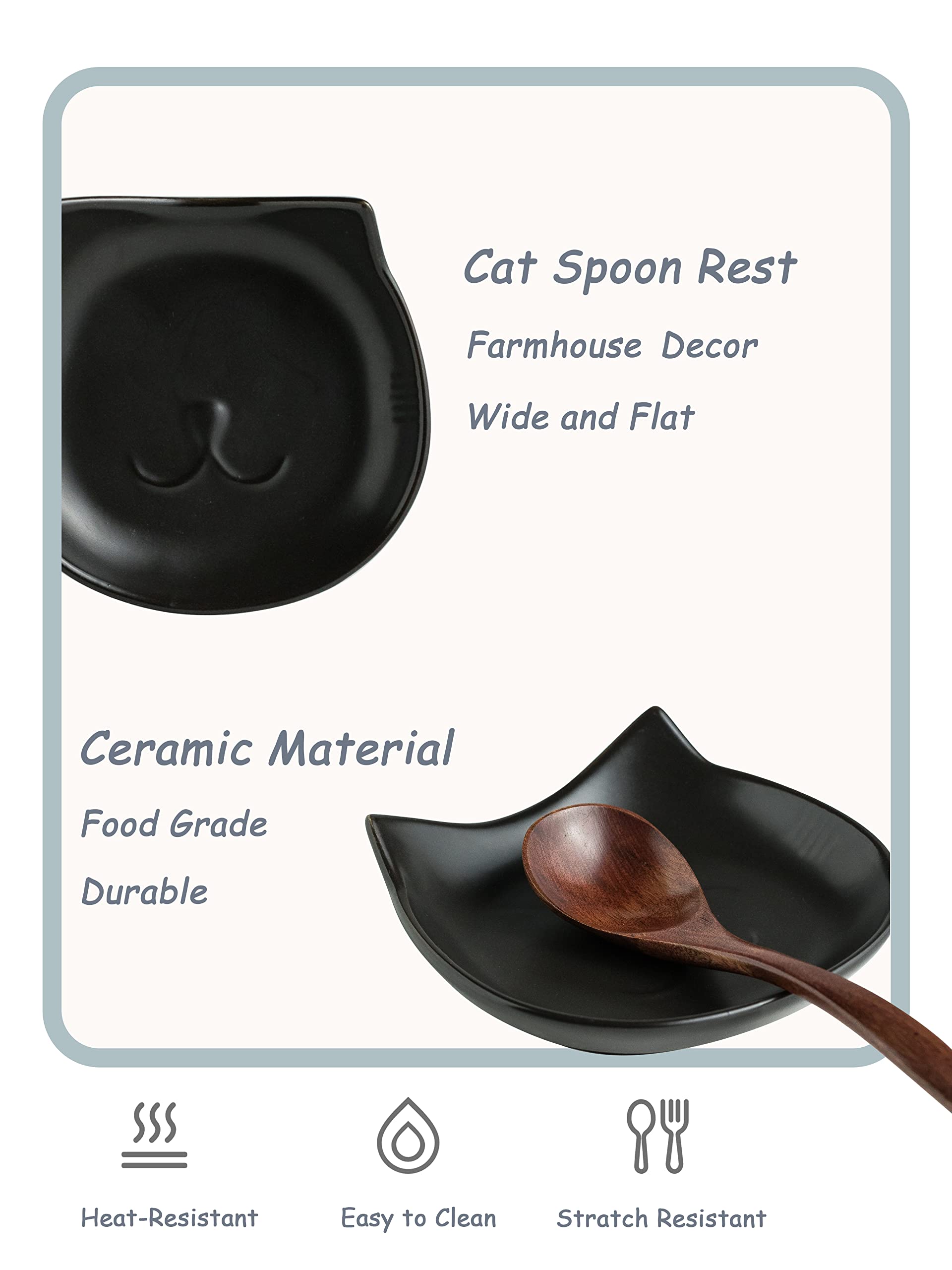 Miamolo Spoon Rest for Stove Top, 5.12 Inches Ceramic Spoon Holder for Kitchen Counter, Cat Cooking Utensil Rest for Spatula Spoons Ladles, Farmhouse Kitchen Decor, Black