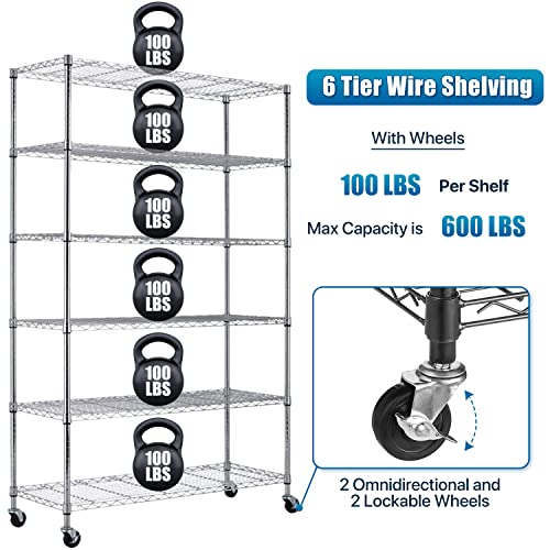 Dkelincs 6 Tier Wire Shelving Unit with Wheels 48" X 18" X 76" Metal Storage Shelves Height Adjustable NSF Heavy Duty Commercial Grade Garage Shelf Rack for Kitchen Basement Restaurant,Chrome