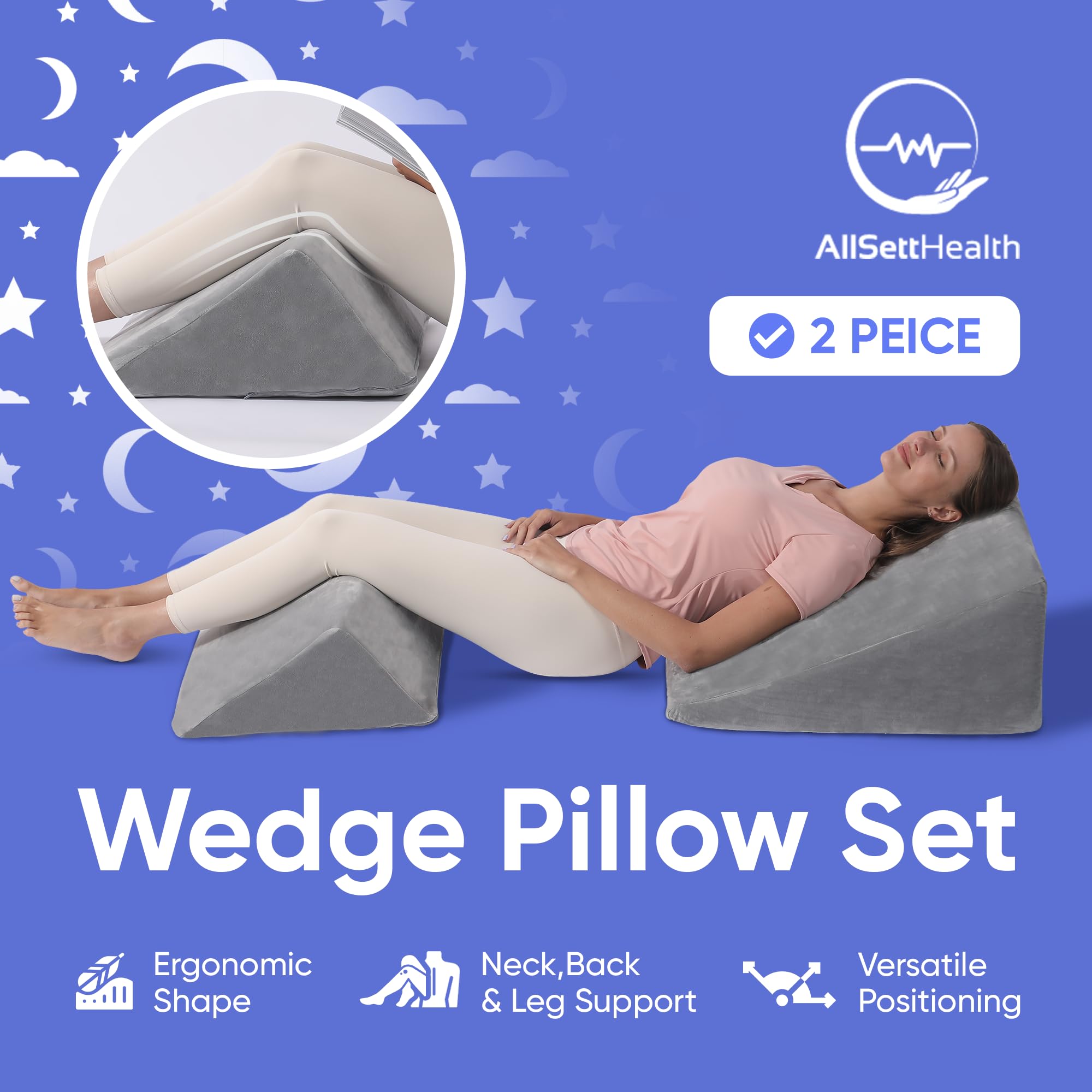 Bed Wedge Pillow β 2 Separate Memory Foam Incline Cushions, System for Legs, Knees and Back Support Pillow | Acid Reflux, Anti Snoring, Heartburn, Reading β Machine Washable, Grey