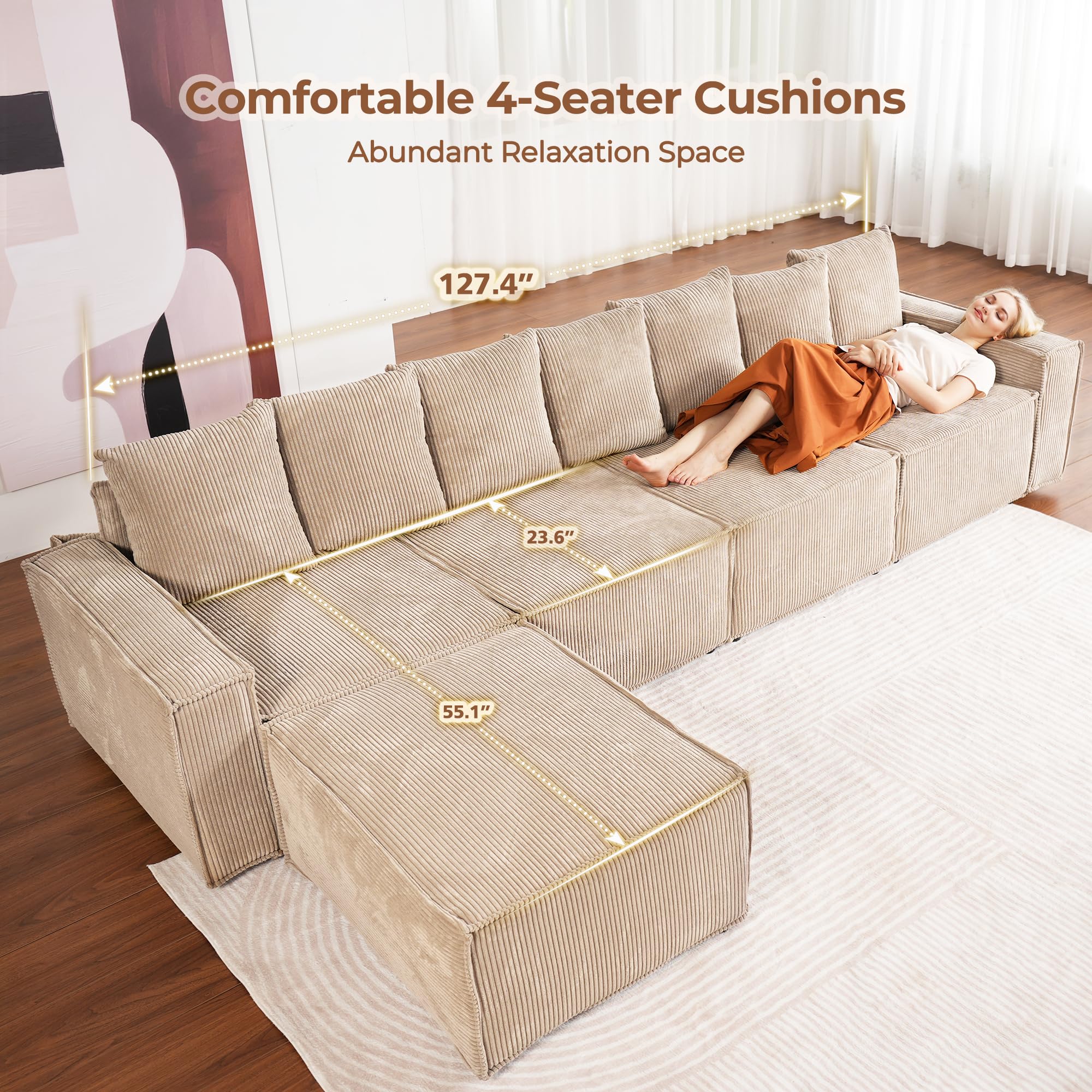 CAODOC Luxury Modular Sectional Corduroy Sofa Set, U Shaped Couch Reversible Chaise Modular Sectional Couch, 125 inch Width, 6 Seat Modular Sofa with Ottoman, Camel