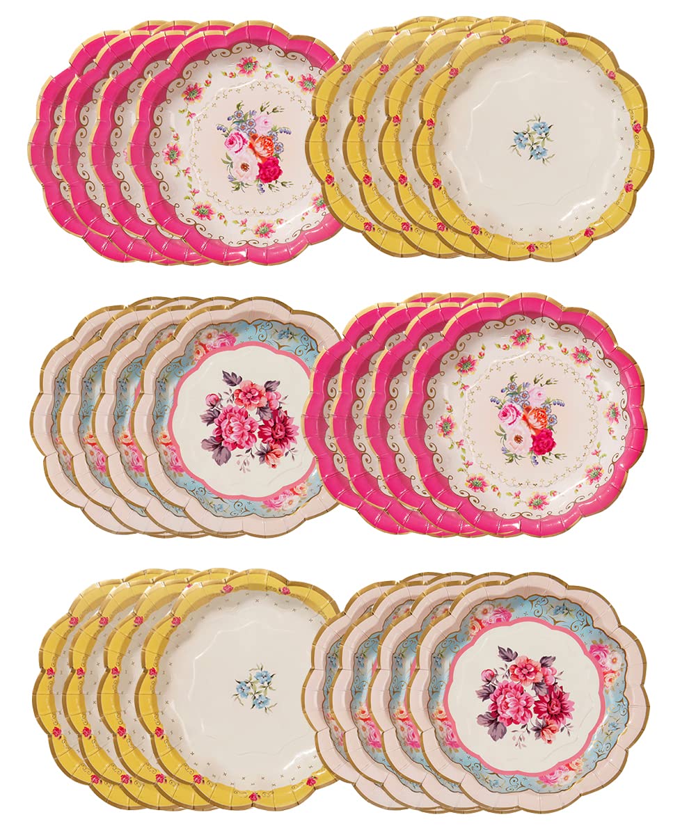 Talking TablesVintage Floral Paper Plates Pack of 24 - Pink, Blue, Yellow, Scalloped Edge, Truly Scrumptious, Disposable Tableware For Birthday, Garden Party, Afternoon Teas, Baby Shower, Wedding