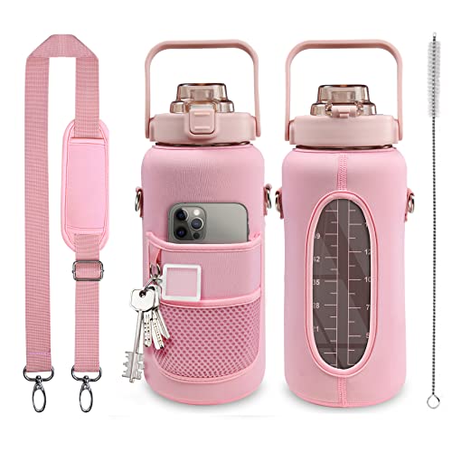 Half Gallon Water Bottle With Sleeve 70oz (2L) Inspirational Water Bottle With Straw and Time Stamp, Drinkable Leak-Proof Tritan BPA-Free Bottle, Large Water Jug for Daily Hydration, Sports Bottles