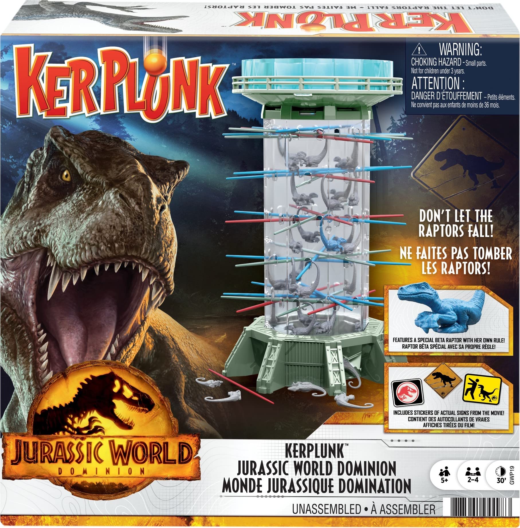 Mattel Games KerPlunk Jurassic World Dominion Kids & Family Game with Velociraptor Dinosaurs, Tower, Sticks, Die & Stickers