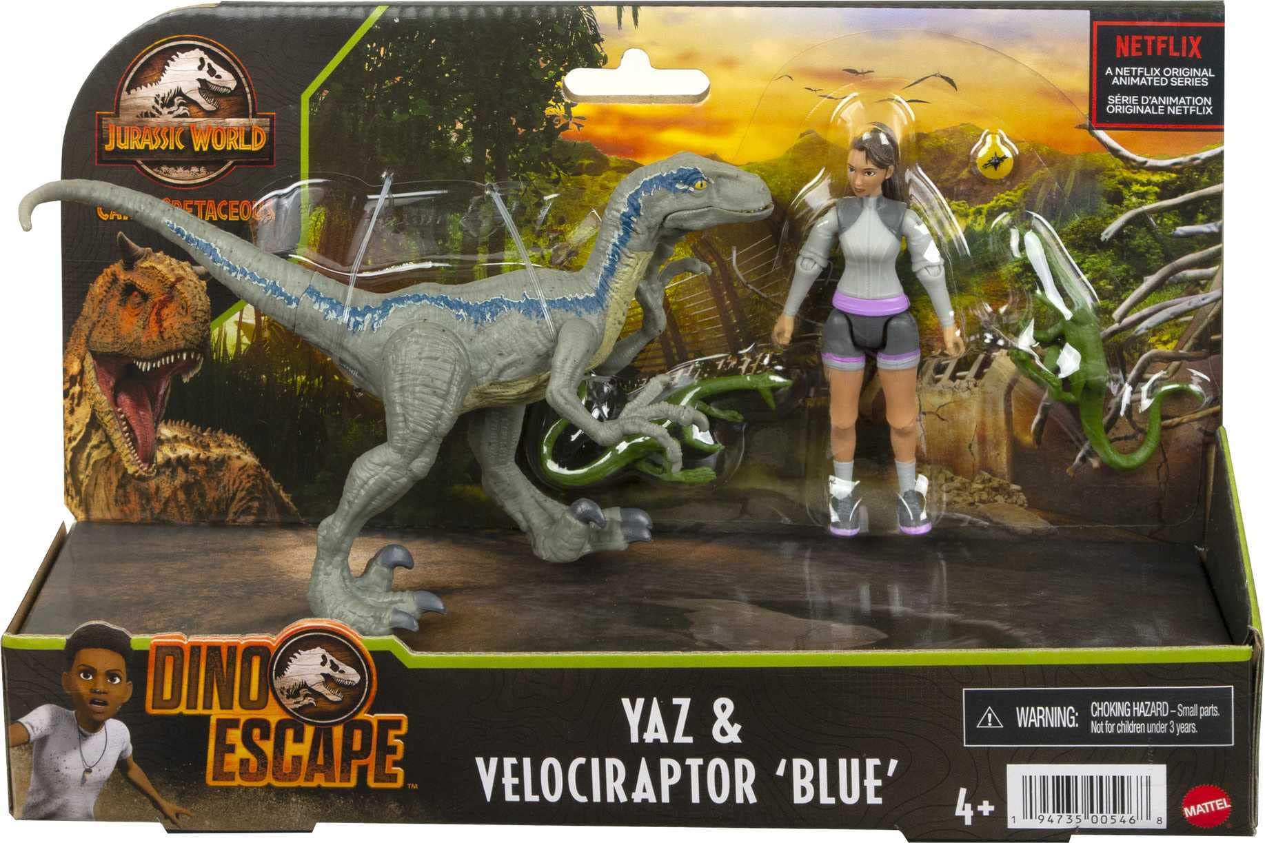 Mattel Jurassic World Camp Cretaceous Yasmina Yaz and Velociraptor Human and Dino Pack with 2 Action Figures, 2 Compys Figures and Accessory, Toy Gift Set and Collectible