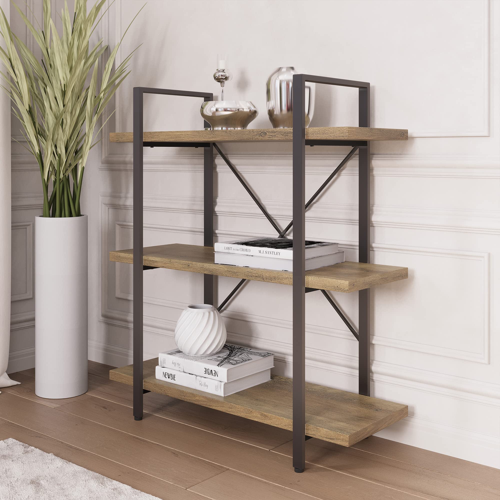 BELLEZE 3 Tier Modern Rustic Industrial Bookshelf, Open Wide Office Etagere Book Shelf, Wood and Metal Bookcases with Storage Display Rack - Hazel (Rustic Oak)