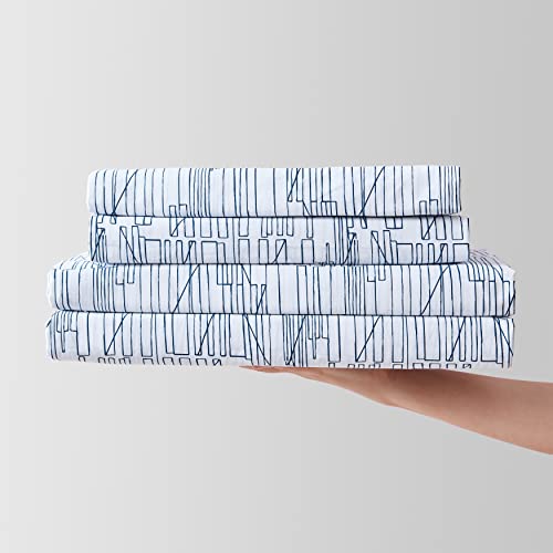 City Scene - Queen Sheets, Cotton Percale Bedding, Crisp & Cooling Home Decor (Tally Navy, Queen)
