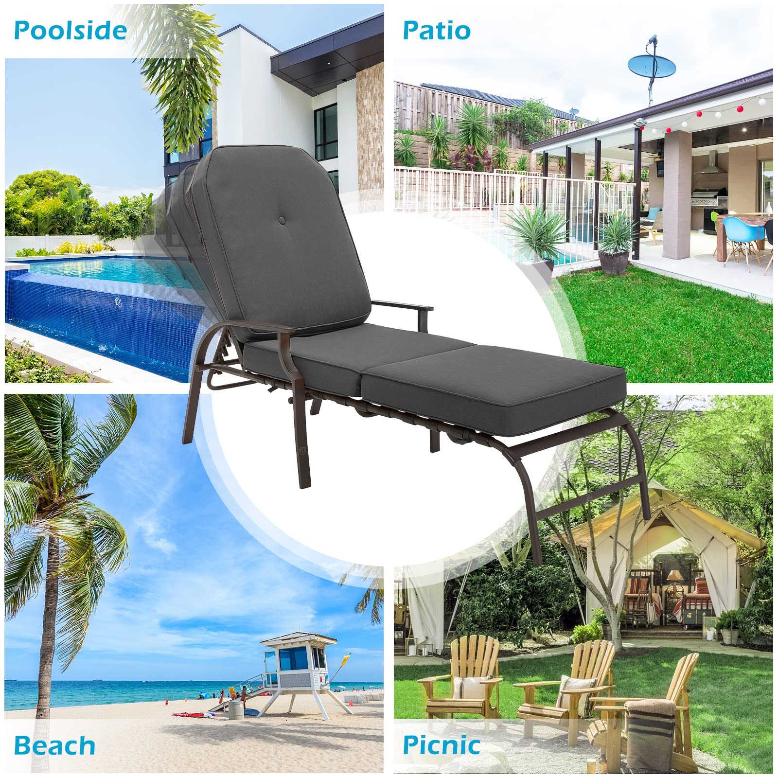 U-MAX Adjustable Outdoor Chaise Lounge Chair Patio Lounge Chair Recliner Furniture with Armrest and Cushion for Deck, Poolside, Backyard (Grey)