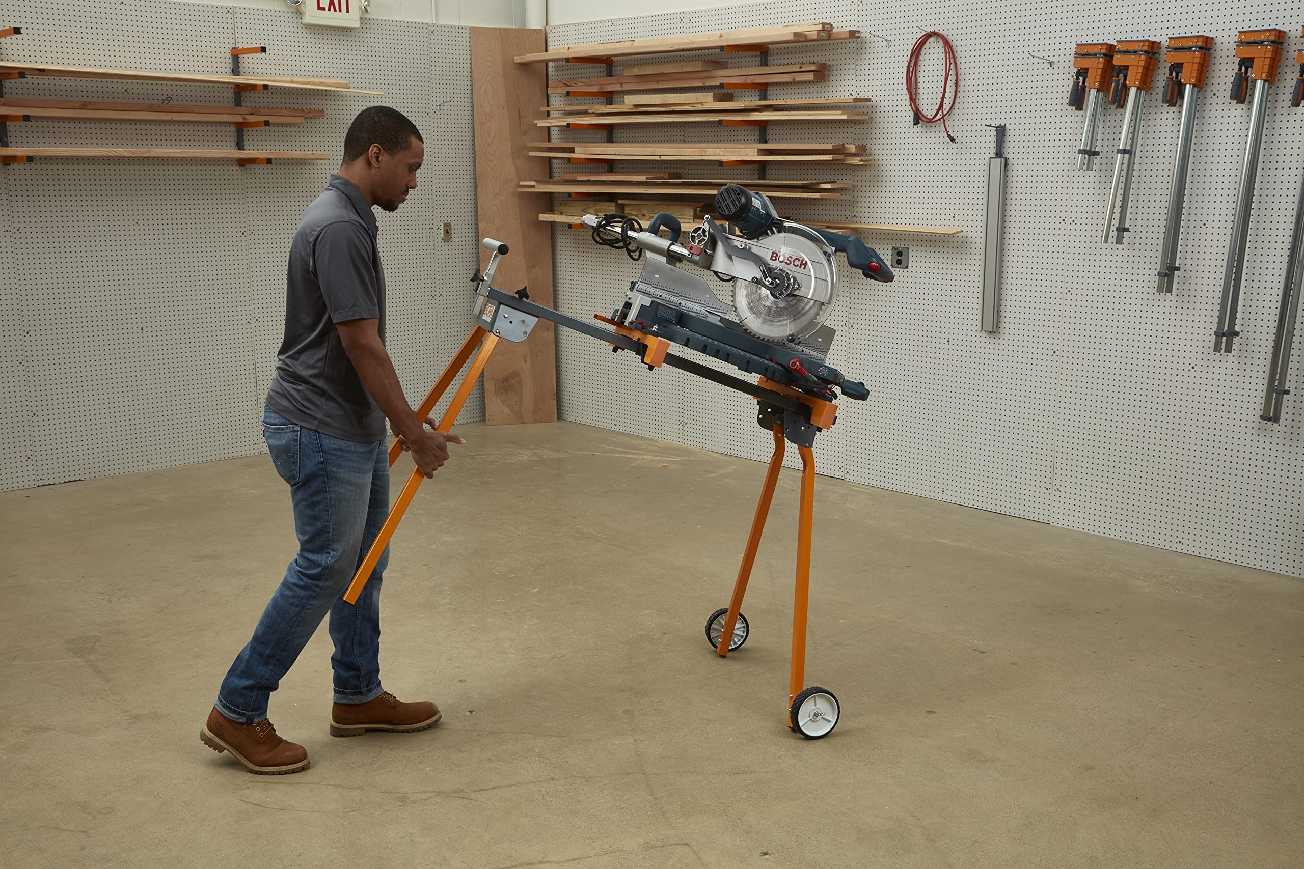 BORA Portamate Heavy Duty Folding Miter Saw Stand with Wheel Kit and Adjustable Pedestal Roller, Heavy Duty Pro Workstand with Additional Outfeed Support for Carpenters, Contractors and DIY, PM-4000B