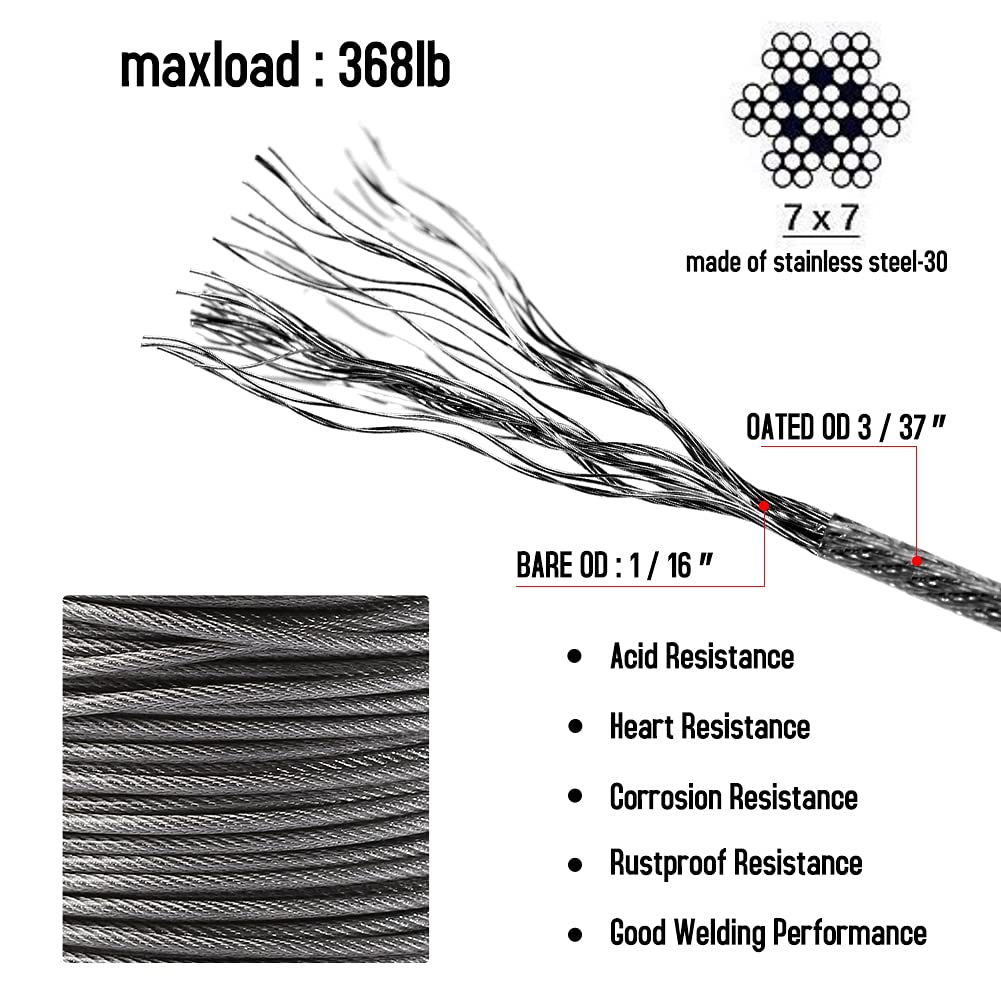 Outdoor String Light Hanging Kit, 200ft Coated Stainless Steel Cable Light Guide Wire, Contain Turnbuckle and Hooks, for Indoor and Outdoor Lights, Patio, Garden
