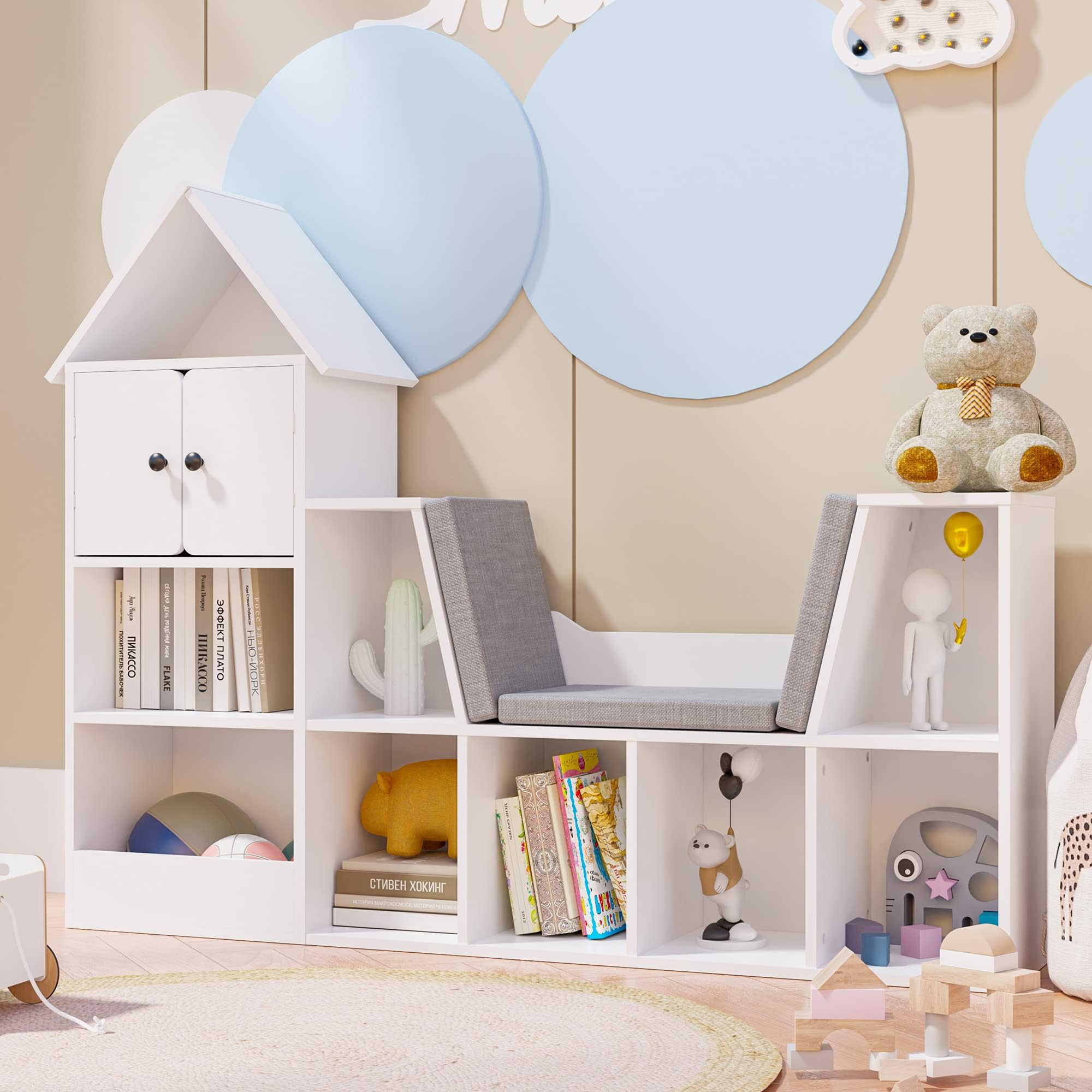 Cozy Castle 56.9" Wooden Kids Bookshelf with Reading Nook, Kids Bookcase with Detachable Cushions,Toy Storage Organizer with 9 Cubes and 2 Doors for Bedroom, Playroom, White