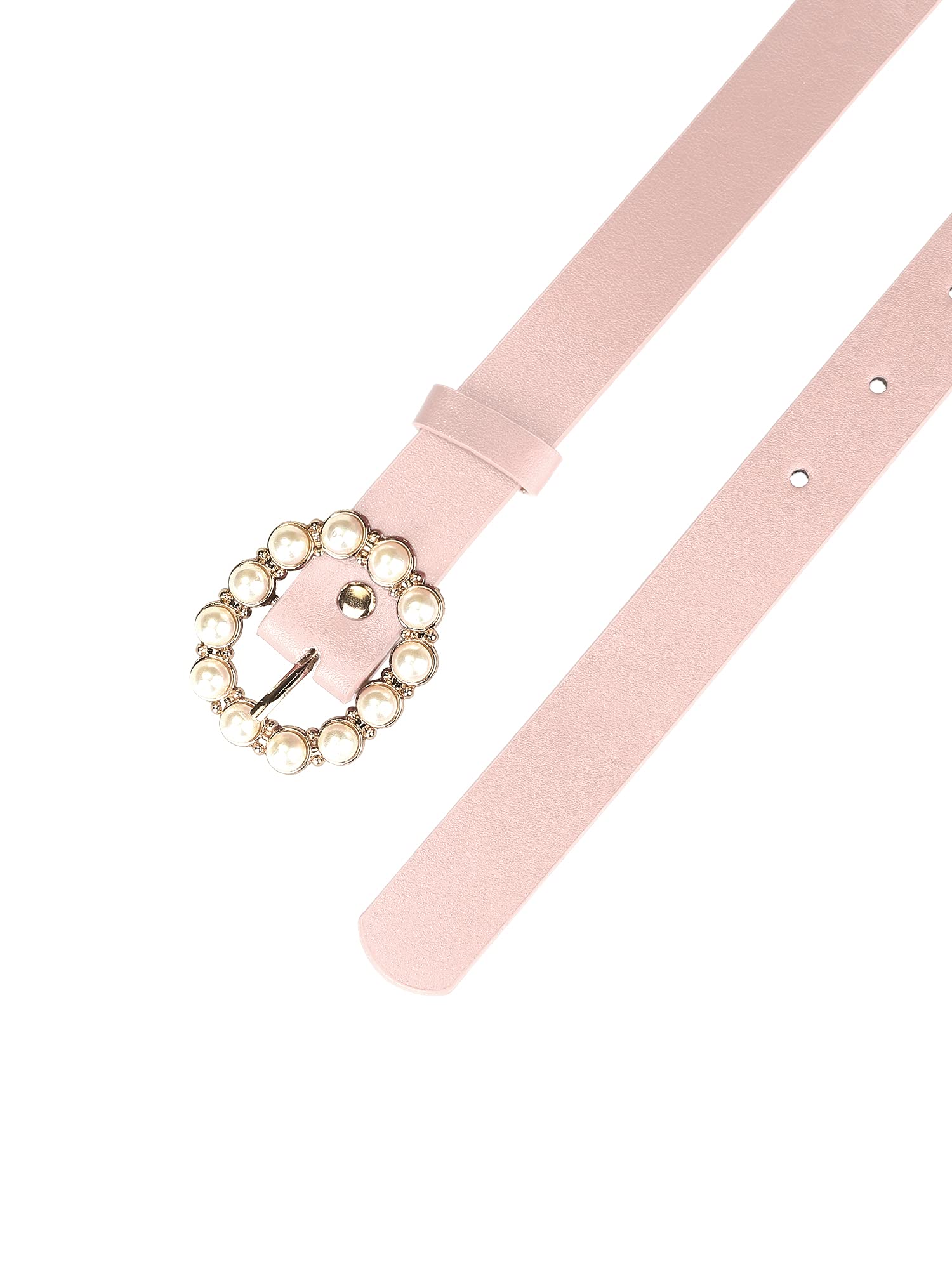 Allegra K Womens Pearl Waistband Skinny Leather Adjustable Pin Buckle Belt for Jeans Dresses Pants 75-90cm/29.53"-35.43" Light Pink