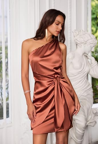 GRACE KARIN Satin Dresses for Women 2023 Elegant Wedding Guest Sleeveless One Shoulder Mini Dress Brown