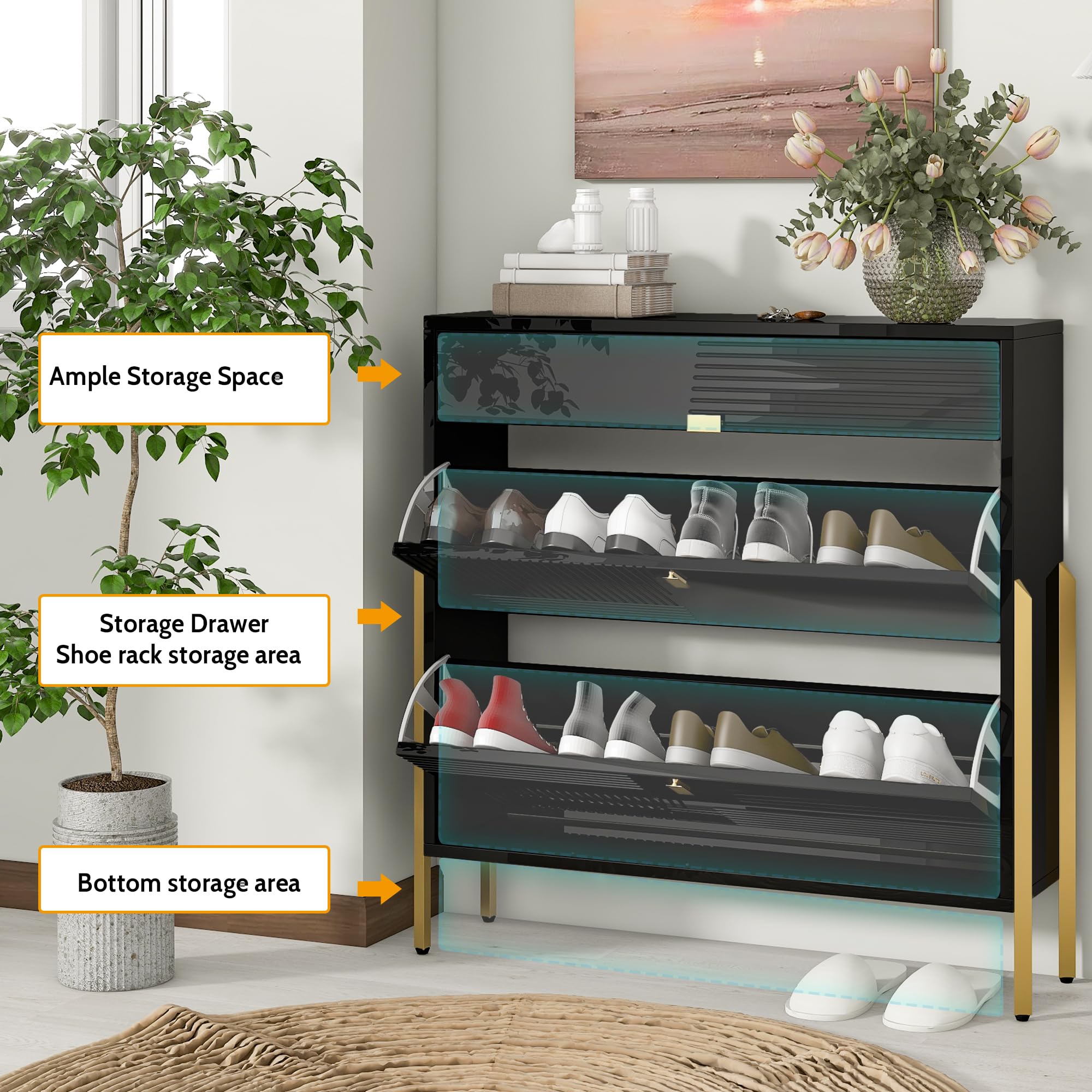 Bellemave Shoe Cabinet Flip Drawers for Entryway Slim Shoe Organizer Free Standing Shoe Racks Modern Front Door Shoe Storage Cabinet with Doors for Hallway, Black