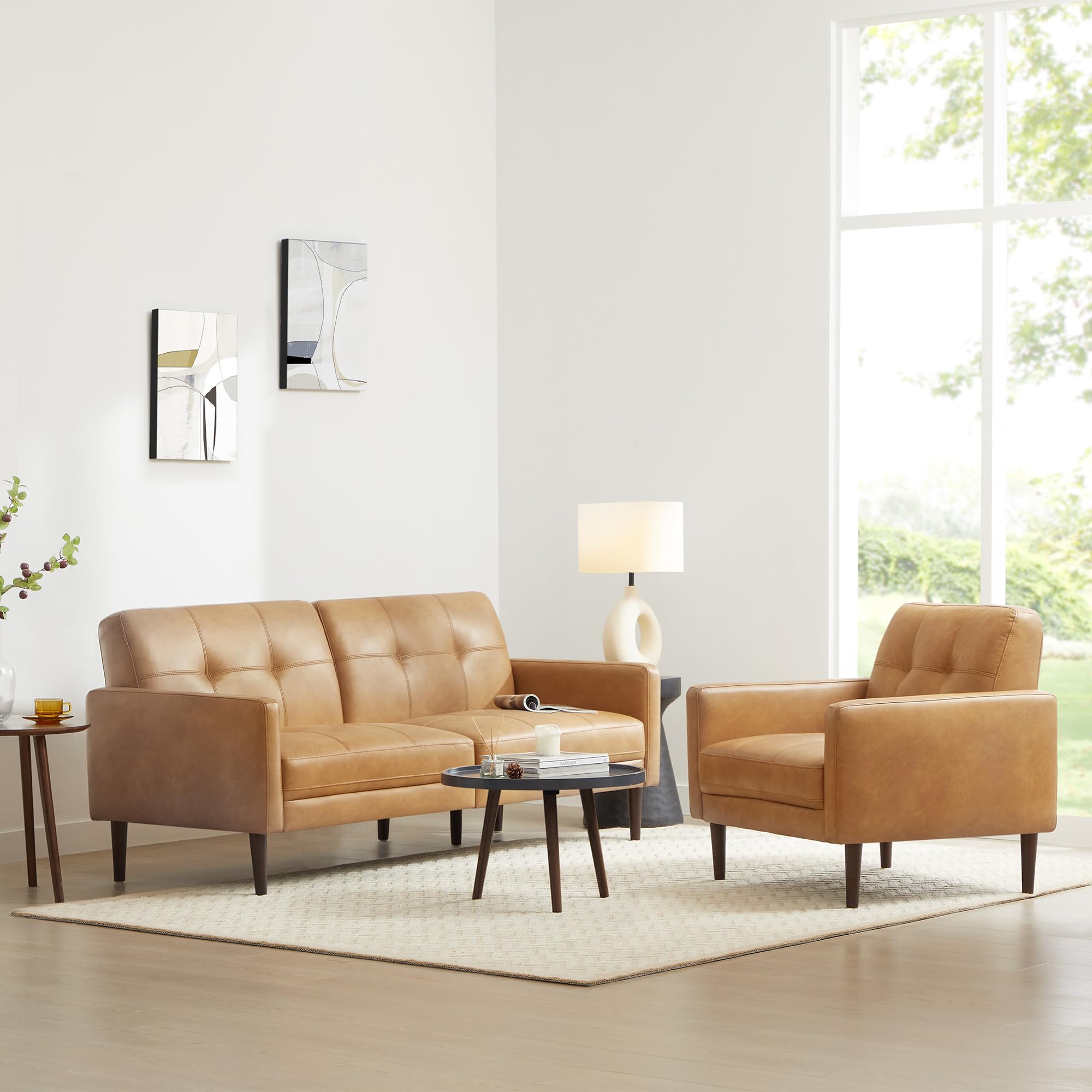 CHITA Mid-Century Sofas Furniture 73.2''W Faux Leather Sofa Couch Sets for Living Room Apartment, Cognac Brown