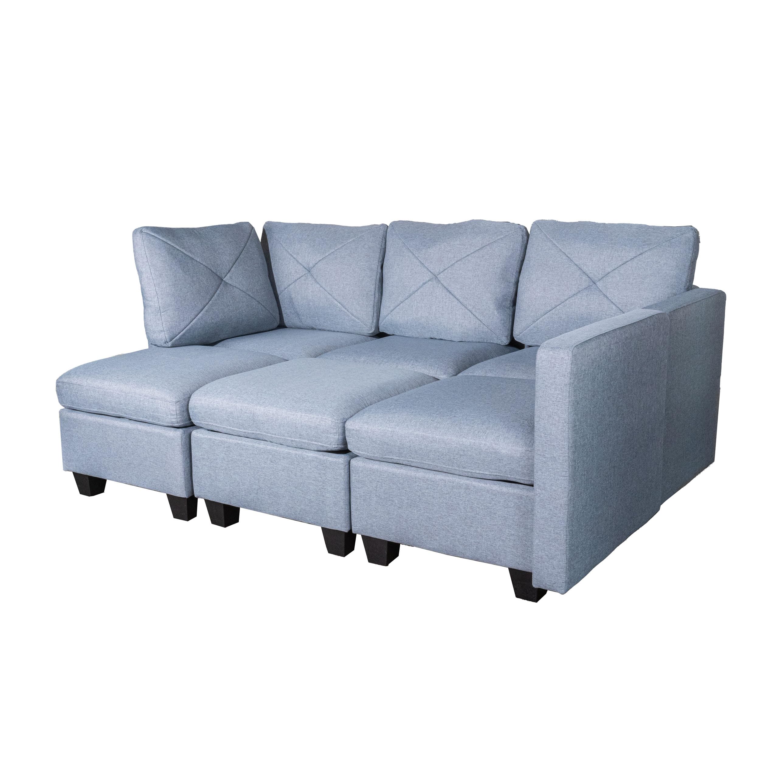 Divano Roma Furniture Modern Linen Fabric U-Shaped 6 Seat Sectional Sleeper Couch with Reversible Chaise Modular Sofa with Storage, Large, Grey