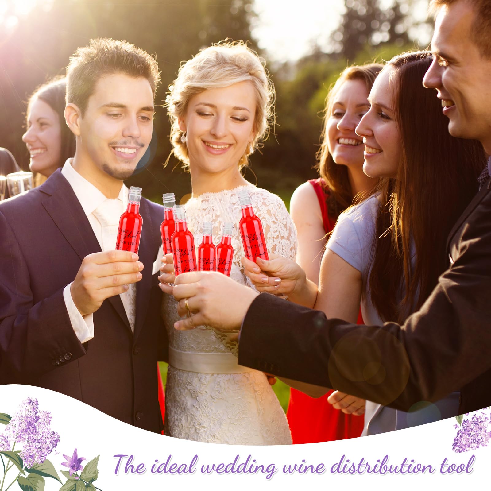 Bokon Mini Wedding Liquor Bottles Take a Shot We Tied The Knot Shot Glasses for Guests 1.7 Fl Oz/ 50 ml Plastic Reusable Empty Bottle with Cap Funnel Acrylic Shot Bottles for Bridal Party (100 Pcs)