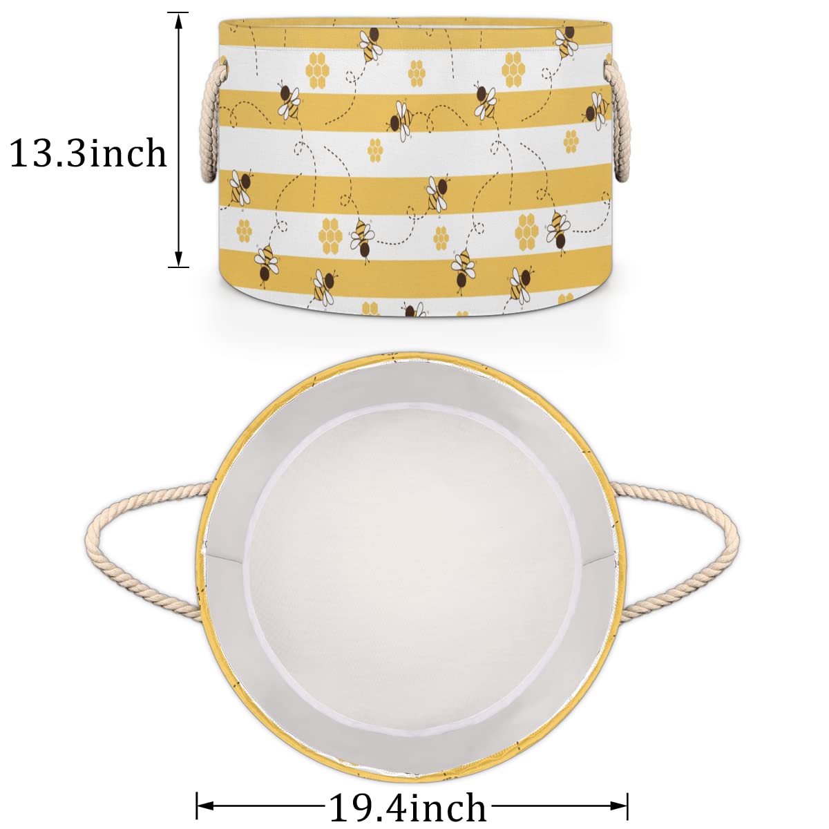 Bee Large Round Storage Bin Basket, Honeycomb Stripe Bee Decor Foldable Clothes Bag Folding Washing Bin Collapsible Fabric Laundry Hamper with Handle for Toys Stuffed Blanket Closet Bedroom Nursery