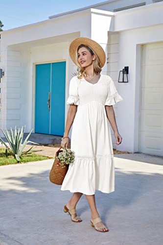 GRACE KARIN Women's V Neck Short Bell Sleeve Smocked Tiered Dress Elastic Waist Lace Patchwork Ruffle Dress White XL