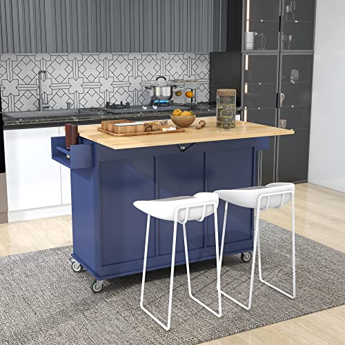 FEELLE Rolling Mobile Kitchen Island with Drop Leaf - Solid Wood Top, Locking Wheels & Storage Cabinet 52.7 Inch Width(Dark Blue)