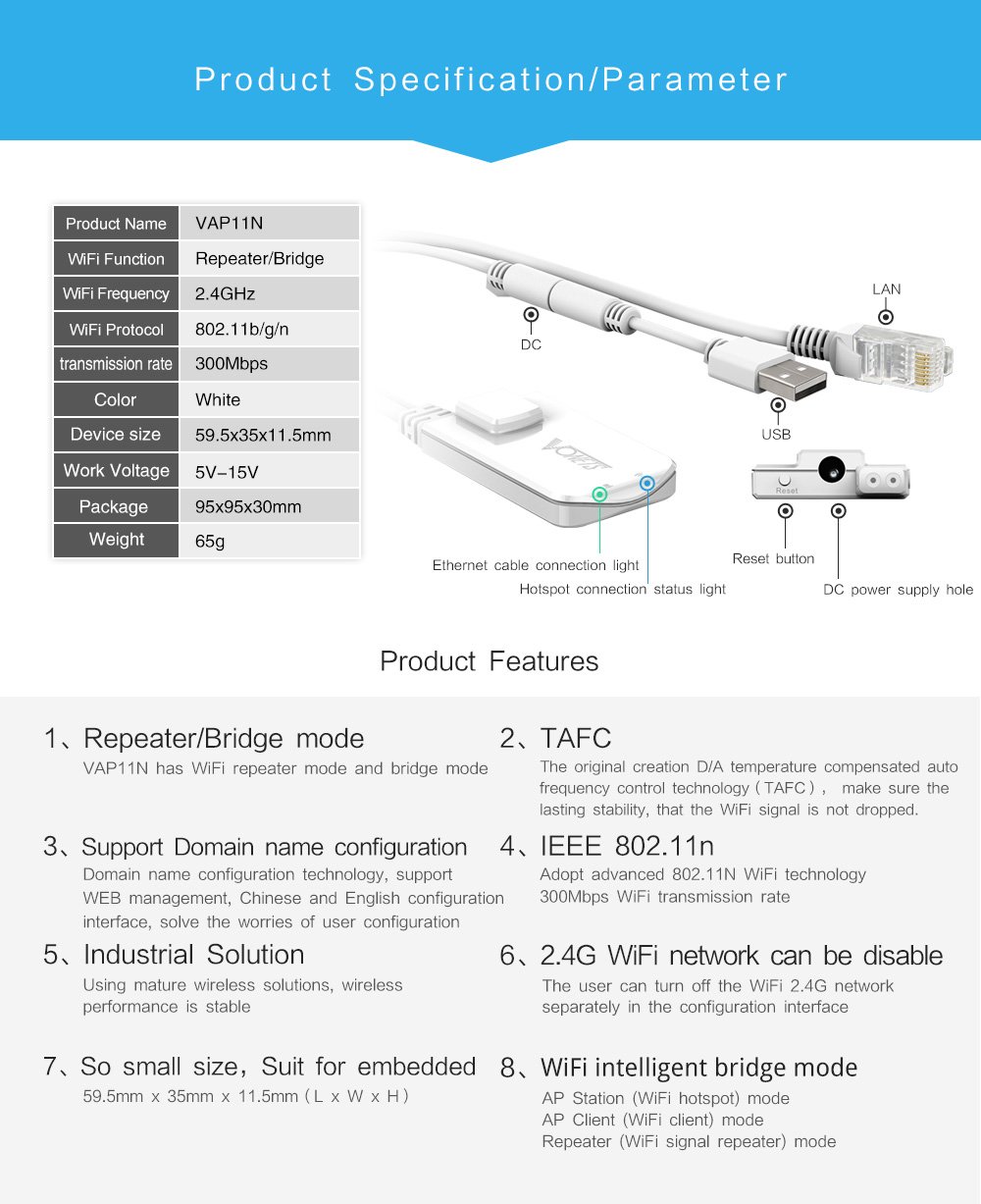 Vonets VAP11N-300 Wireless Mini WiFi Bridge/Repeater The Best Partner of IP Device/IP Printer/xbox/ps3/Dreambox Professional WiFi Bridge