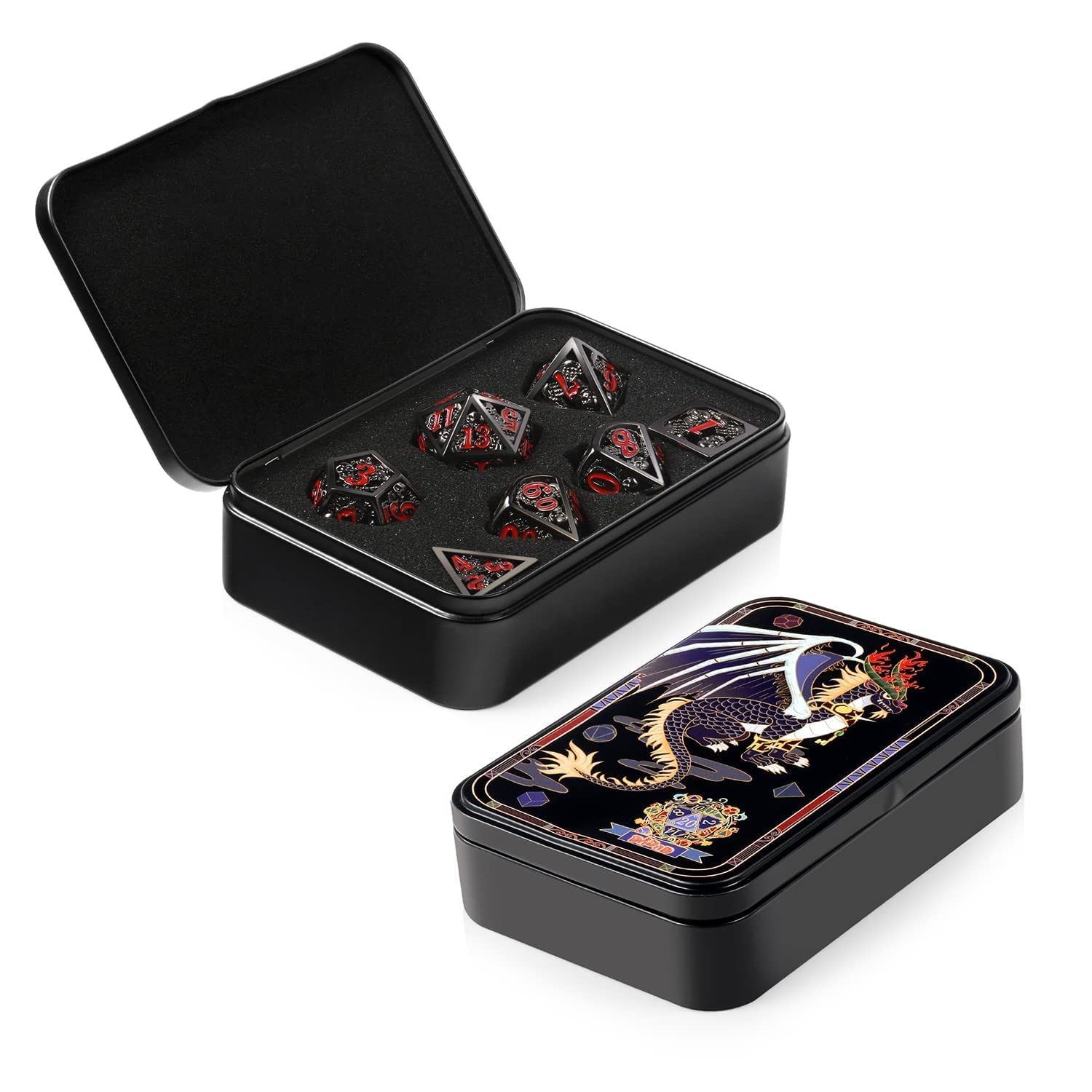 Oversize Skull Hollow DND Metal Dice Set, DNDND 25mm Hollow Copper Die Set with Gift Metal Case for Dungeons and Dragon Halloween (Black with Red Number)