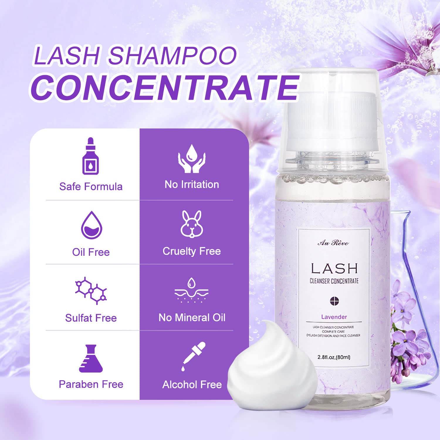 AuReve Lash Shampoo Eyelash Extensions Cleanser Concentrate 80ml Eyelash Shampoo Foam Lash Cleaning Kit Care, Non-lrritating Prolong Lash Cleanser, Bottles Lash Shampoo for Lash Extension (Lavender)