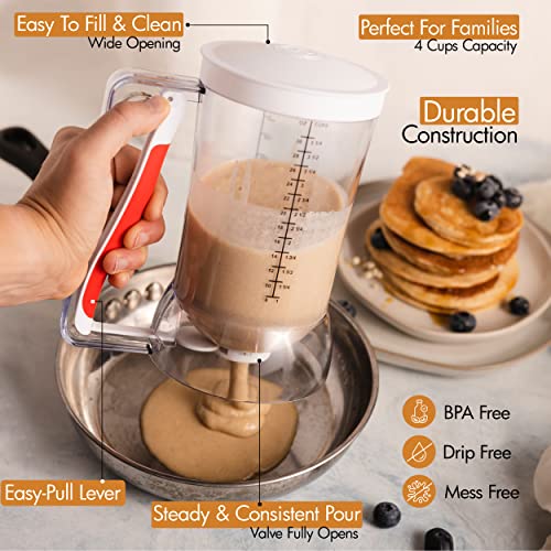 Dalup Enterprises Pancake Batter Dispenser - Kid Friendly & Mess Free Cupcake Batter Dispenser with Squeeze Handle for Precise Portion Control, Also Perfect for Waffles, Crepes, Cakes (4 Cup Capacity)