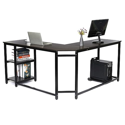 ENGERIO Reversible L Shaped Desk Computer Table with Storage Shelves, Home Office Desk Corner Desk Modern Simple Writing Study Table Gaming Table Workstation with CPU Power Tray Stand (Black)