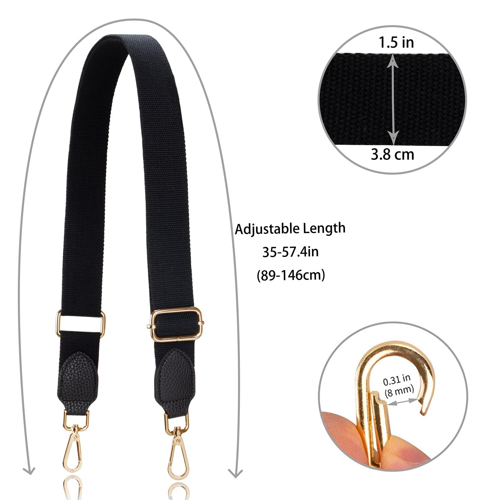Allzedream Purse Straps Replacement Crossbody Bags Handbag Wide Canvas Leather Adjustable (Black, Gold hardware)