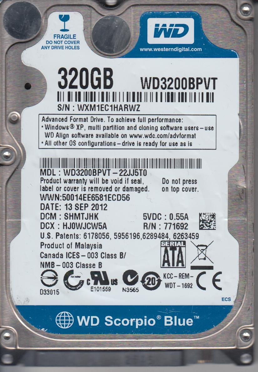 WD3200BPVT-22JJ5T0, DCM SHMTJHK, Western Digital 320GB SATA 2.5 Hard Drive