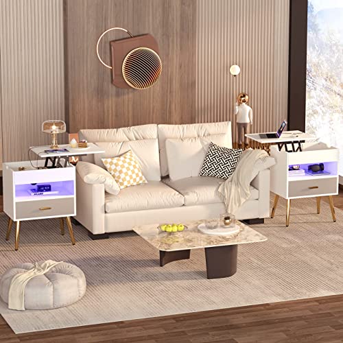 Cyclysio 35 Inches Nightstand with Reversible Lift Top, Large Night Stand with LED Lights, Tall Bedside Table with Charging Station, High End Side Table for Bedroom, Sofa Side, Living Room, White
