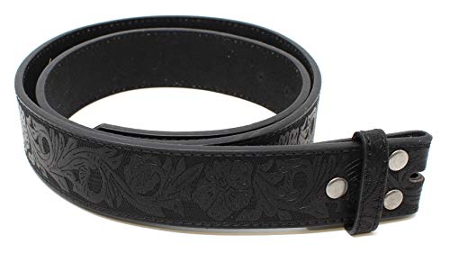 BC Belts Womens Leather Belt Strap with Embossed Western Flowers Pattern 1.5" Wide with Snaps (Black-L)