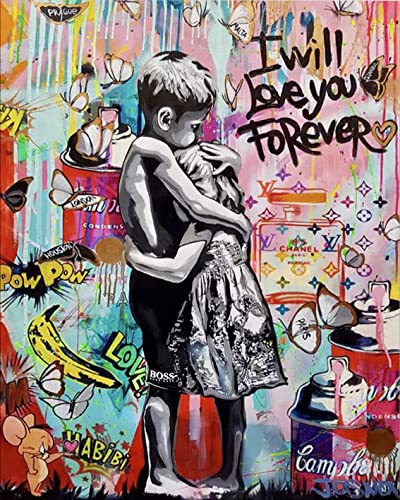 Graffiti Little Boy and Girl Paint by Numbers for Adults Modern Art Figure Street Painting by Numbers for Adults Beginner Acrylic Oil Painting Set Bohemian Style Girl Wall Decoration-16x20 Inch