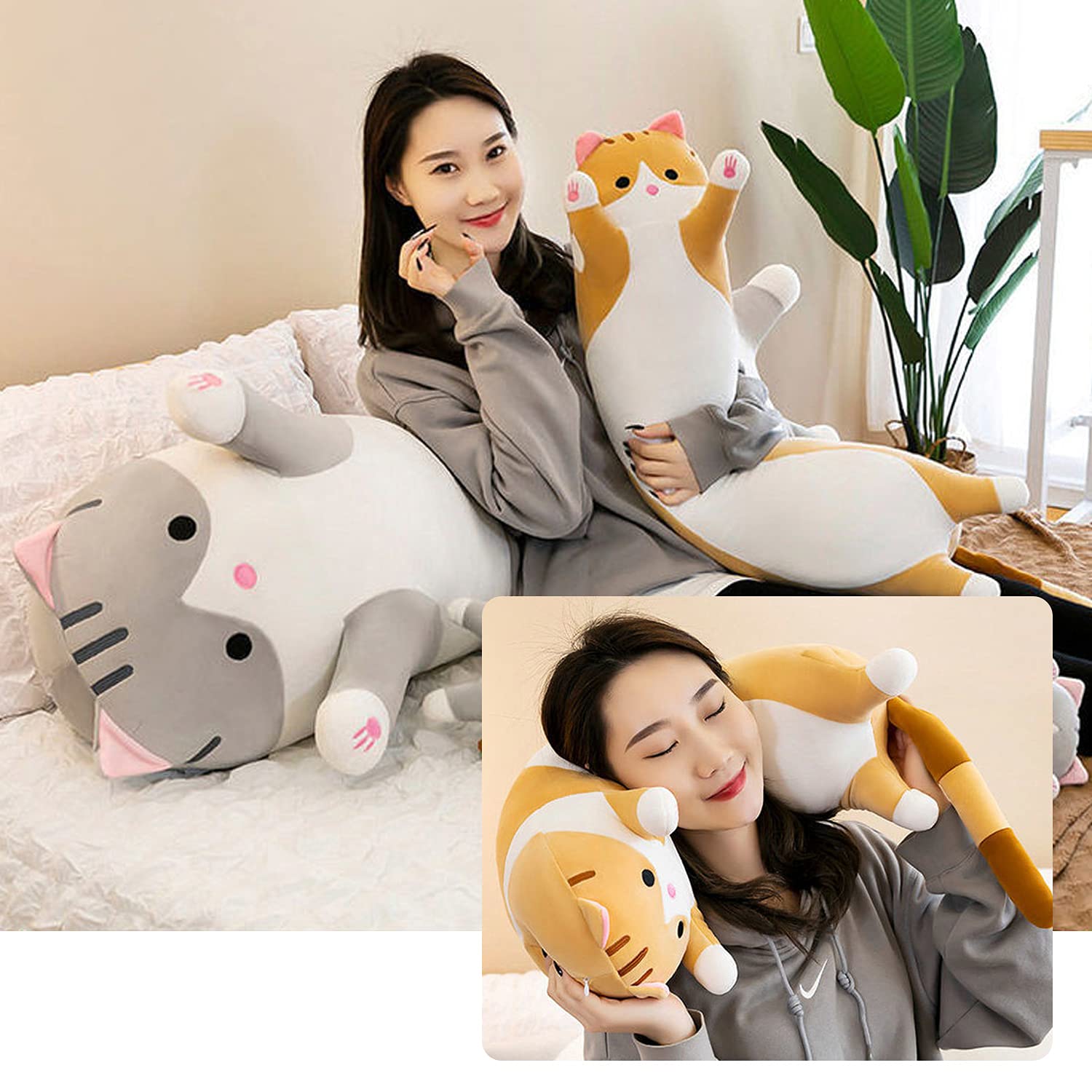 Giant Cat Pillow Plush Cartoon Kitty Sleeping Hugging Pillow, Cuddly Soft Long Kitten Body Pillow Doll Cat Cushion Toy for Kids Girlfriend (Gray, 70cm/27.55inch)