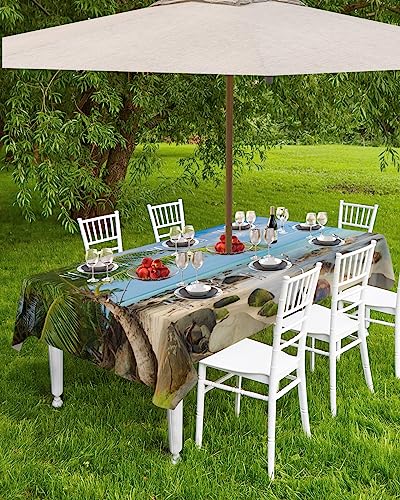 CyCoShower Outdoor Tablecloth Palm Tree Beach Sea Cloud Blue Sky Island Reef Stone Spillproof Outdoor Tablecloth with Umbrella Hole Zipper for Spring Summer Patio Table,52"x70"