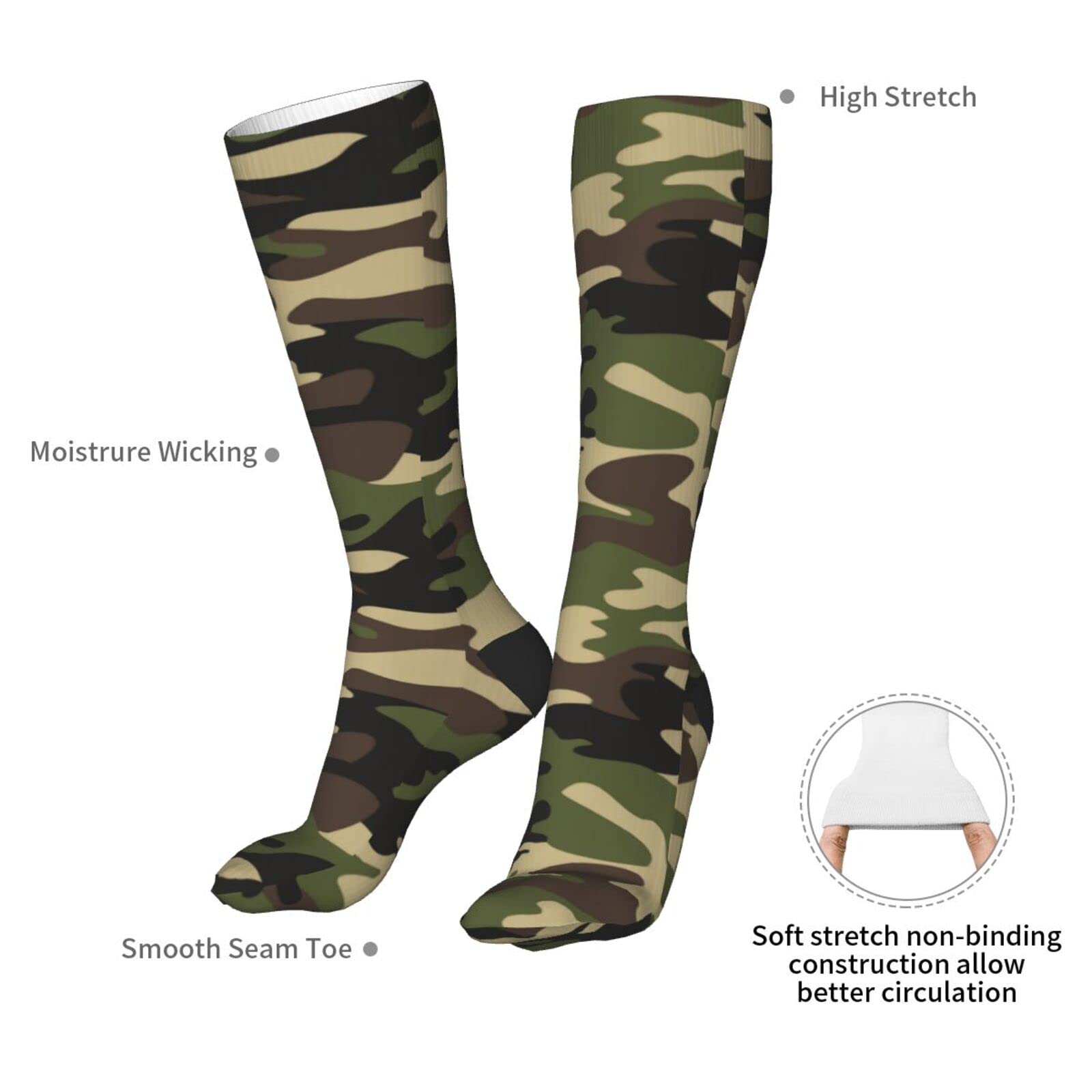 Braytow Army Green Camouflage Unisex Compression Socks For Women And Men Polyester Knee High Sock For Running Travel Athletic Cycling